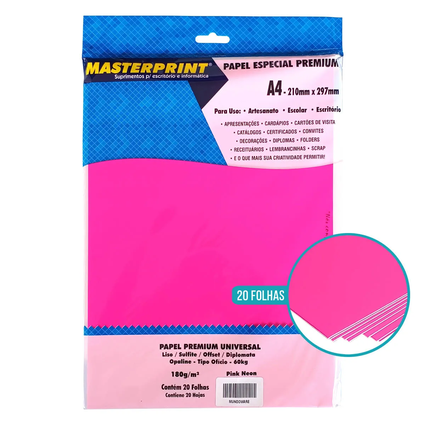Papel Masterprint Especial Premium A4 180gr Pink Neon C/20 Folhas UNICO